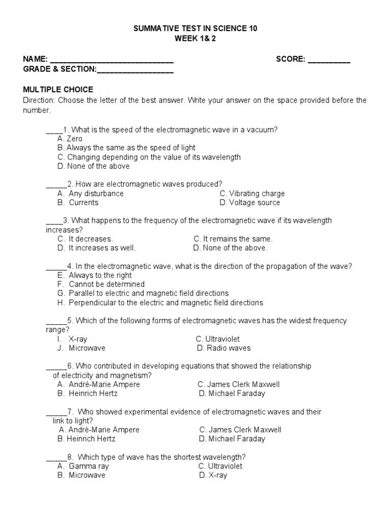 SUMMATIVE TEST IN SCIENCE 10 Week 1 & 2 | PDF | Electromagnetic ...