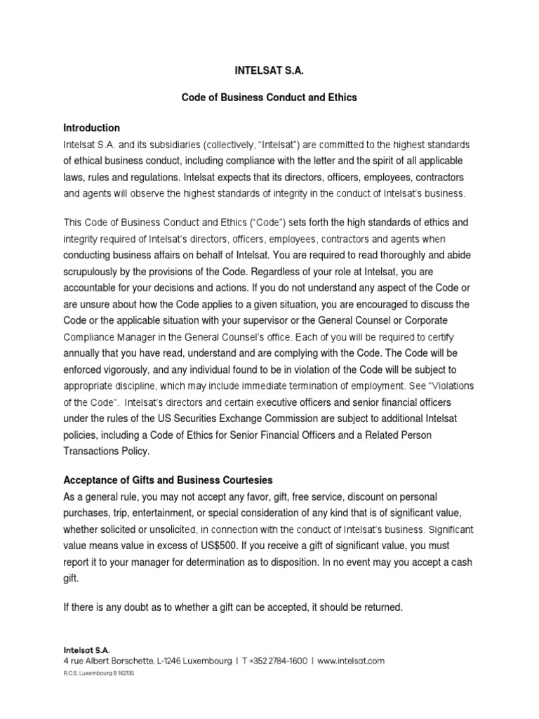 Intelsat Code of Business Conduct and Ethics | PDF | Insider Trading ...