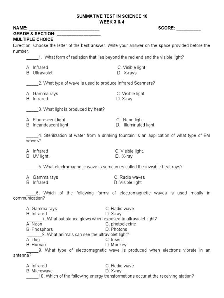 Science 10 Summative Test: EM Waves | PDF | Electromagnetic Radiation ...