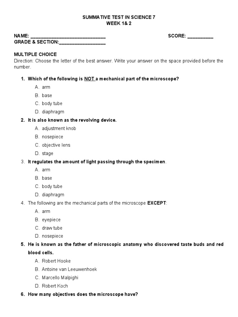 SUMMATIVE TEST IN SCIENCE 7 Week 1 & 2 | PDF | Microscope ...
