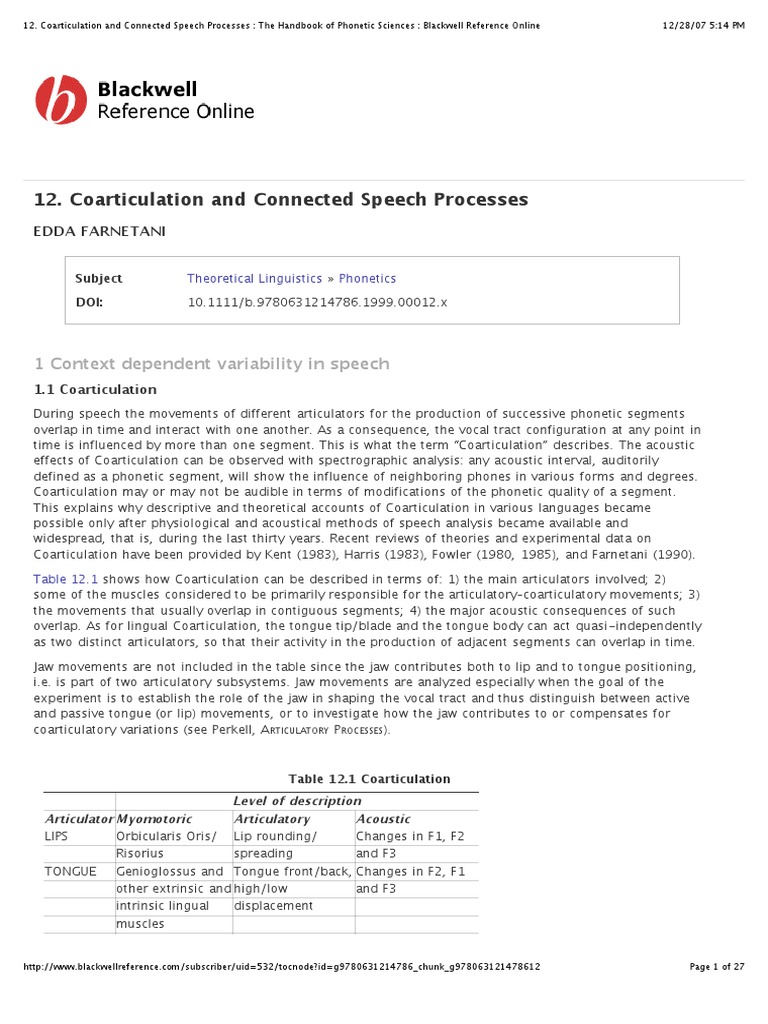 Coarticulation and Connected Speech Processes - The Handbook of ...