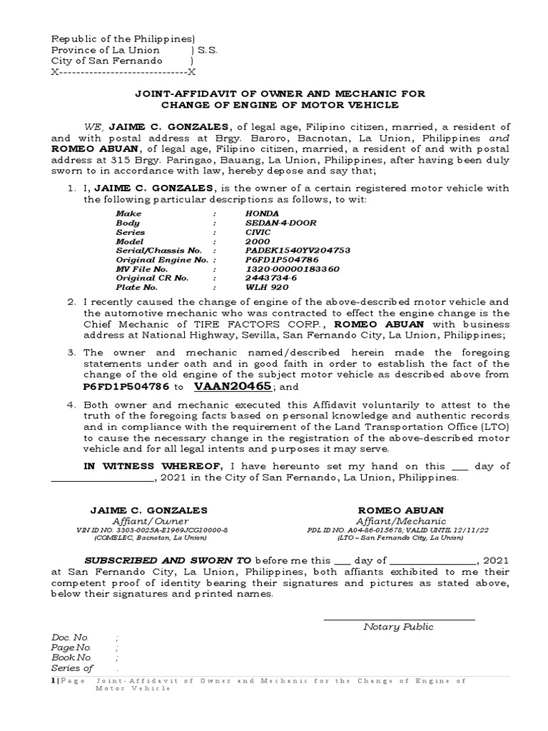 Documentation of an Engine Change: A Joint Affidavit by a Vehicle Owner ...