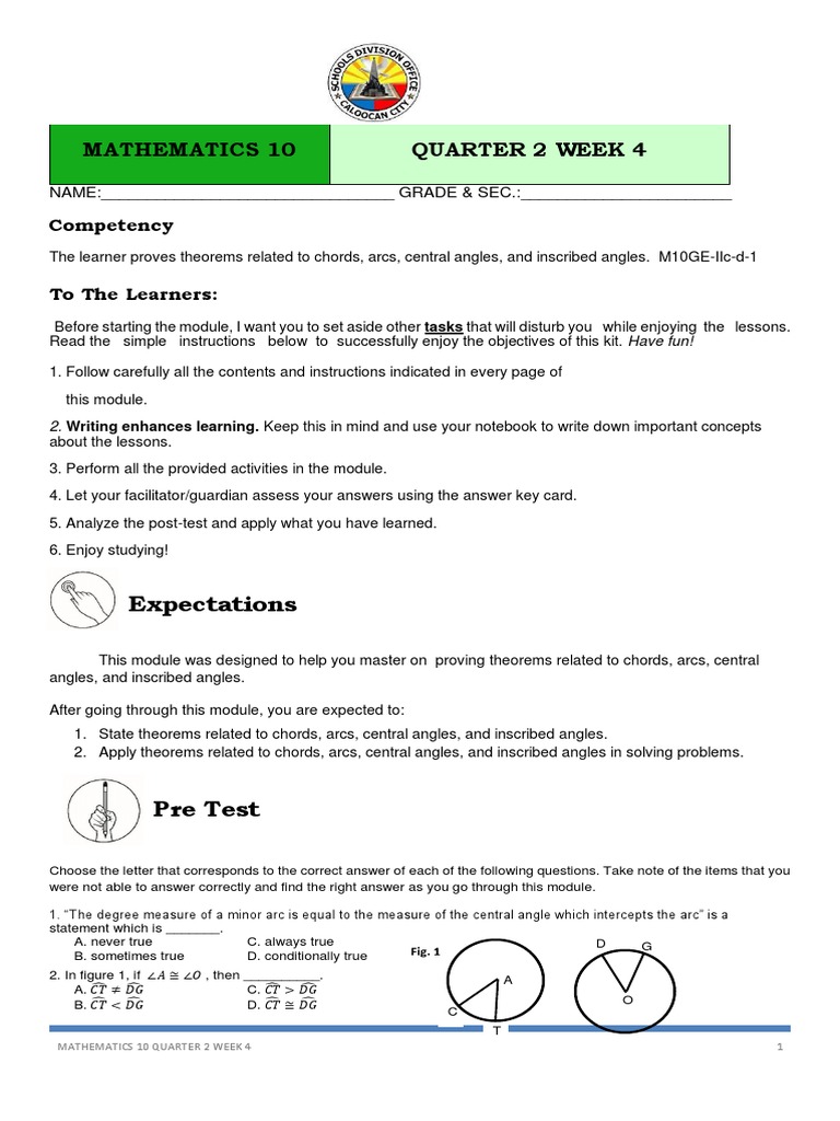 Mathematics 10 Quarter 2 Week 4: Expectations | PDF | Circle | Angle