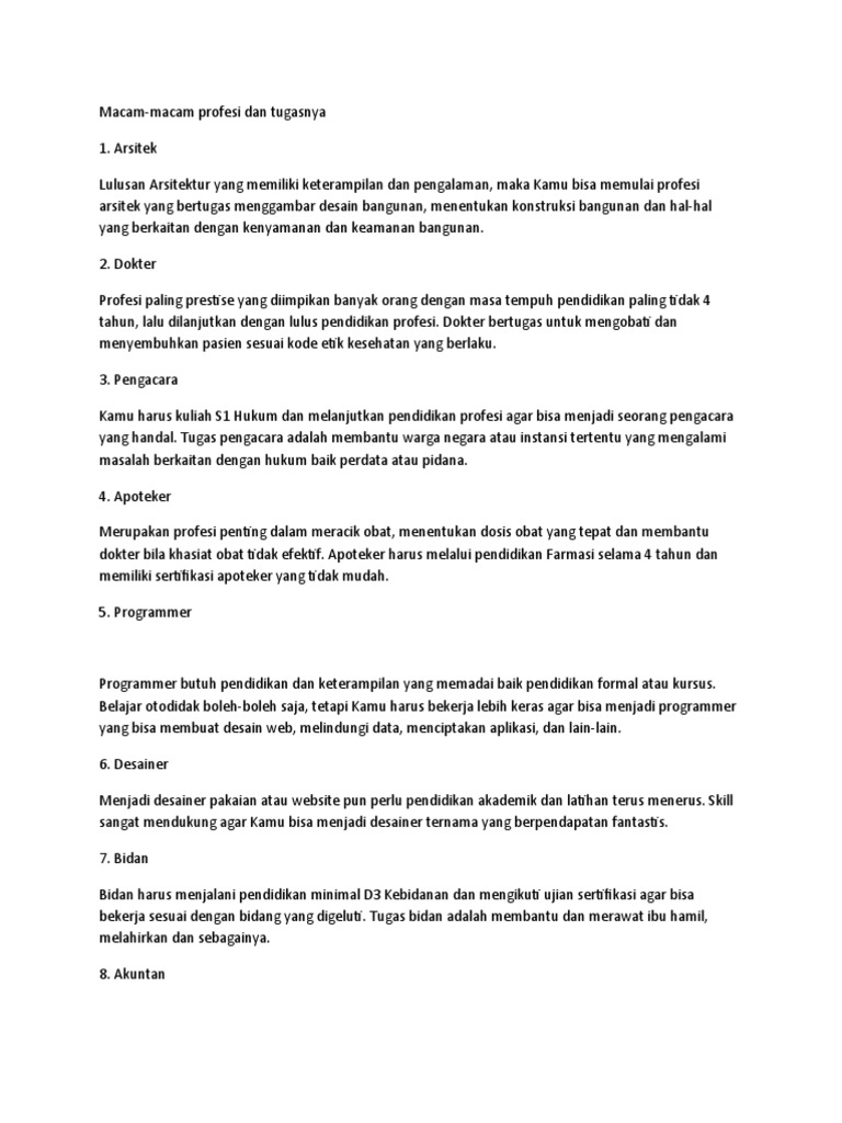 Macam Profesi dan Tugasnya di Indonesia | PDF | Karier & Perkembangan ...
