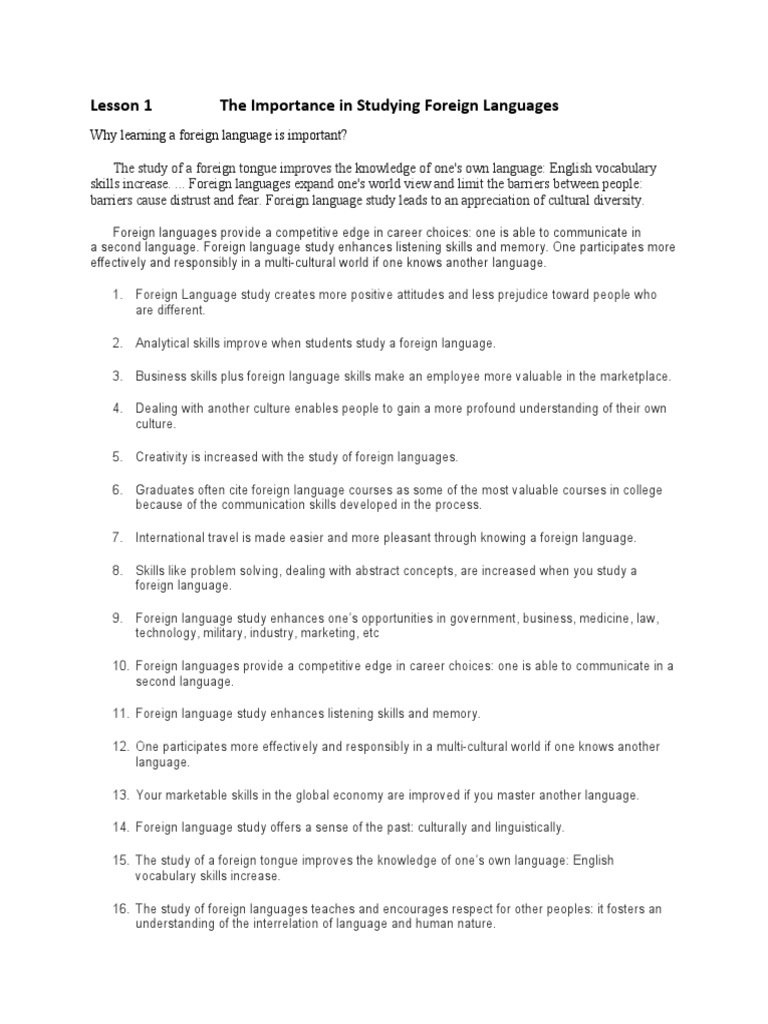 Lesson 1 The Importance in Studying Foreign Languages | PDF | Foreign ...