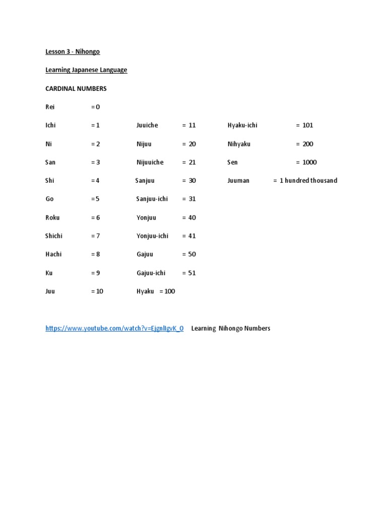 Lesson 3 - Nihongo Learning Japanese Language Cardinal Numbers | PDF