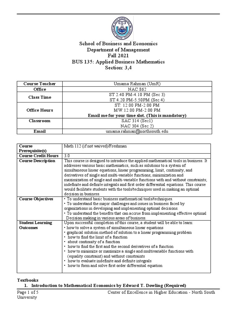 School of Business and Economics Department of Management Fall 2021 BUS ...