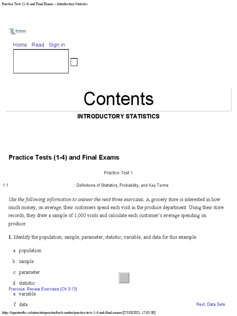 Practice Tests (1-4) and Final Exams - Introductory Statistics | PDF ...