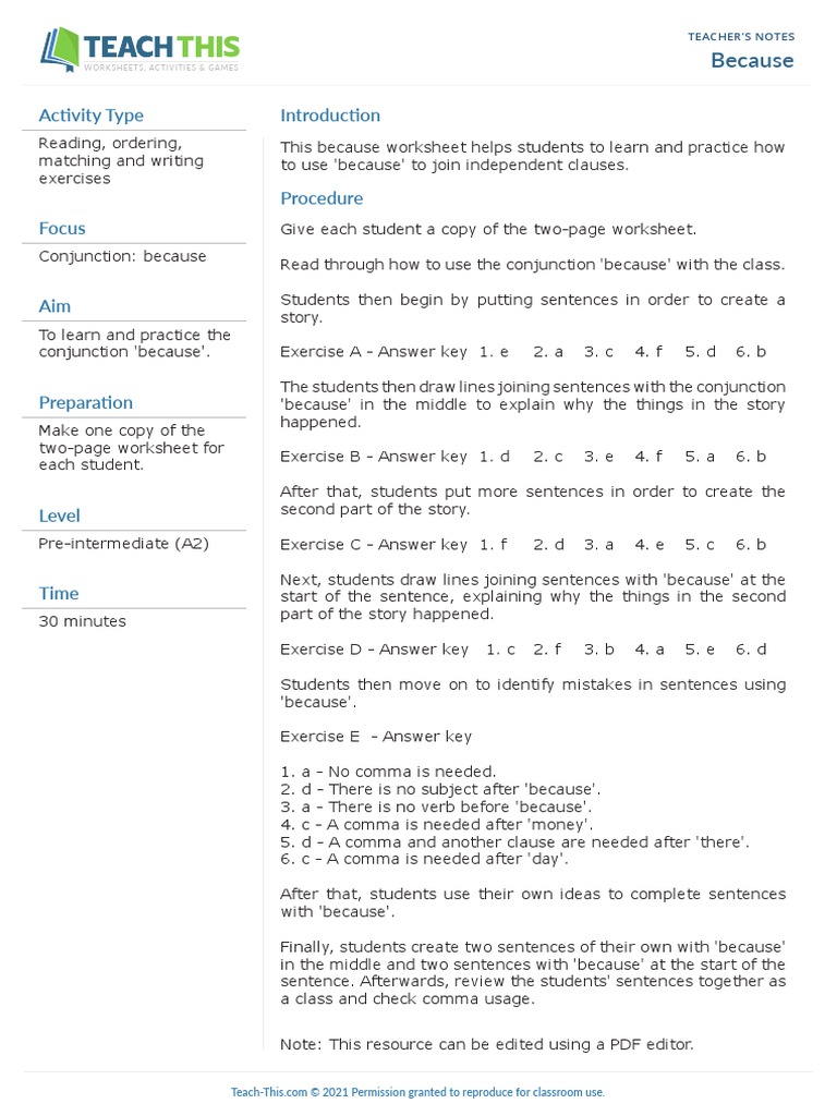 Because Worksheet | PDF | Sentence (Linguistics) | Comma