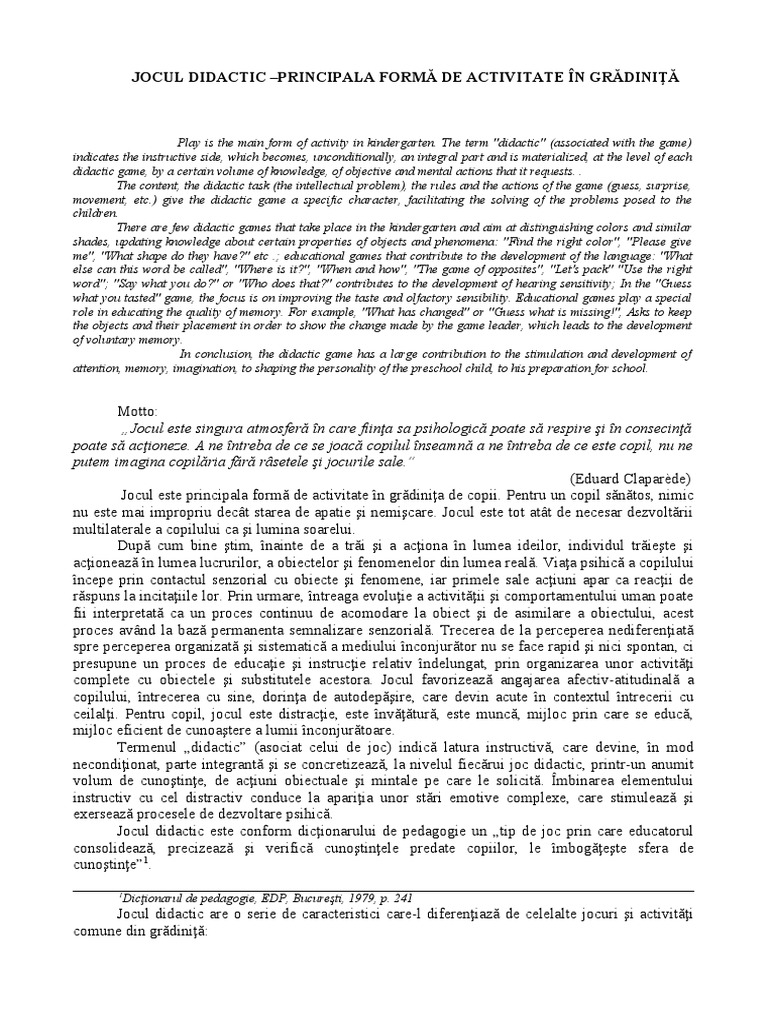 Jocul Didactic - Principala Formă de Activitate În Grădiniţă | PDF ...