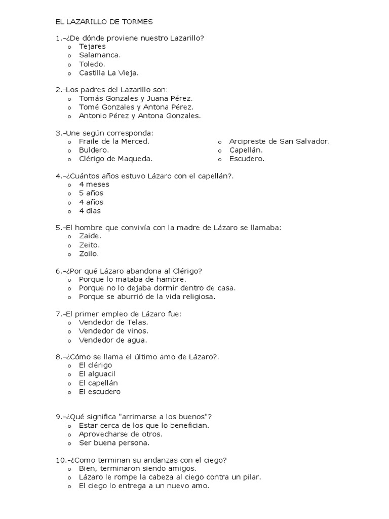 Cuestionario sobre "El Lazarillo de Tormes" | PDF | Religión y ...