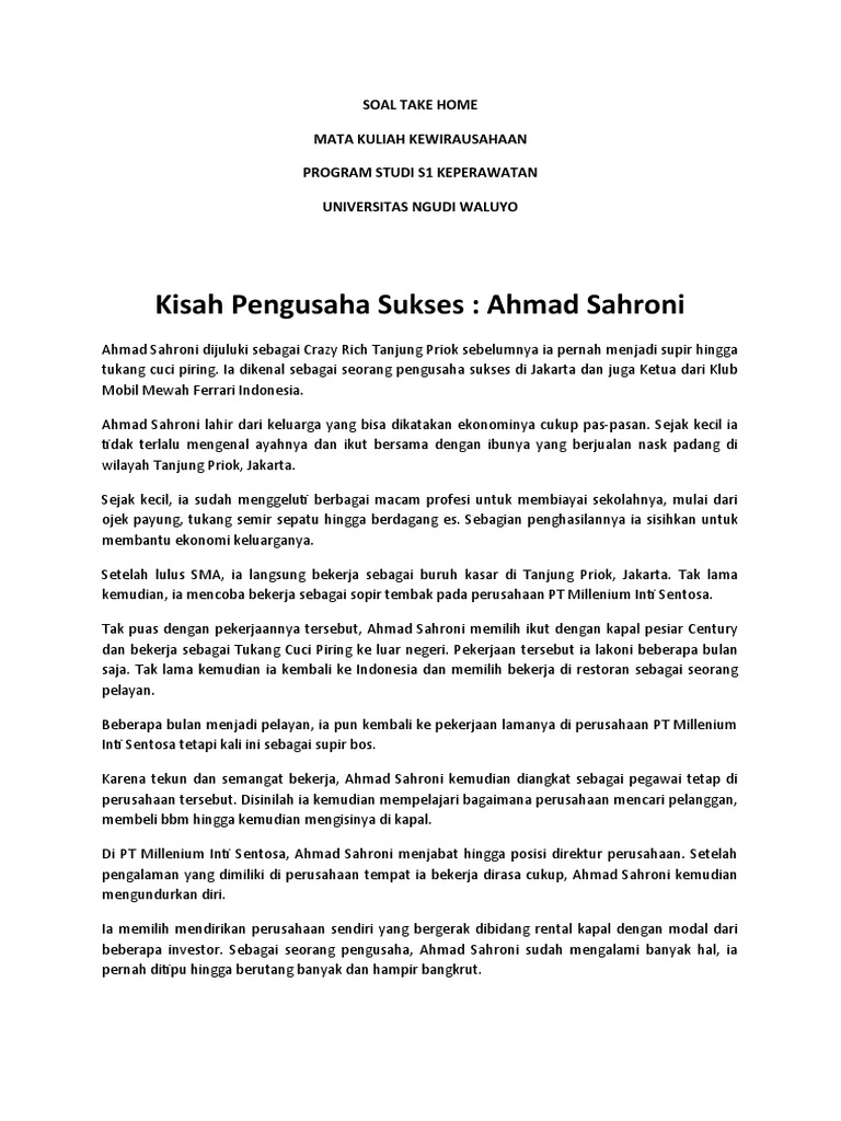Kisah Sukses Ahmad Sahroni: Dari Supir ke Pengusaha | PDF