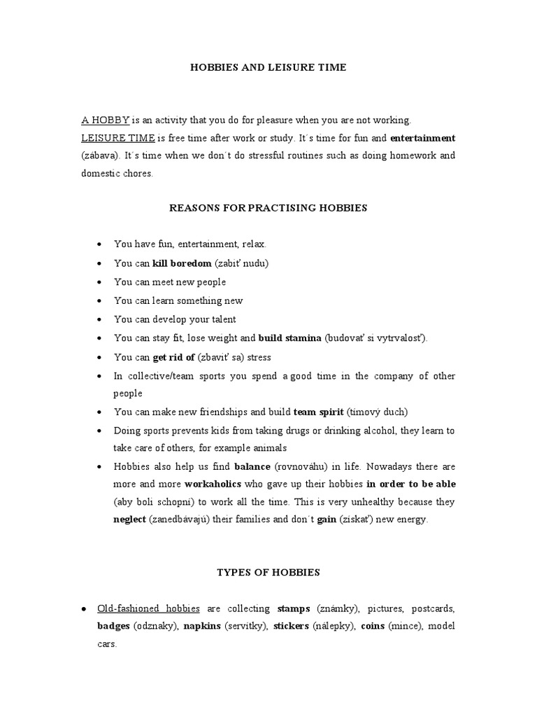 Hobbies and Leisure Time Activities | PDF | Hobbies | Recreation