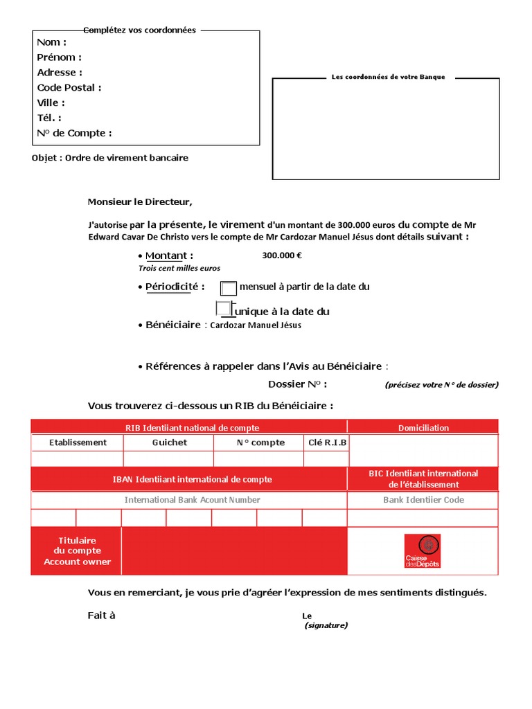 Modèle d'ordre de virement bancaire | PDF | Droit