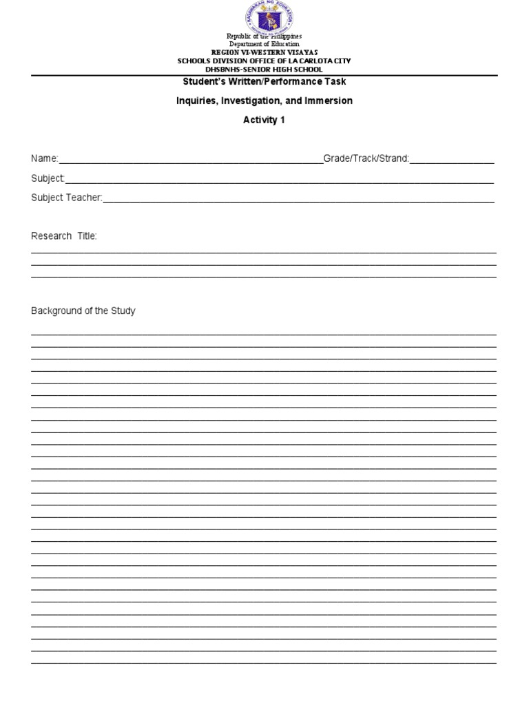 Student's Written/Performance Task Inquiries, Investigation, and ...