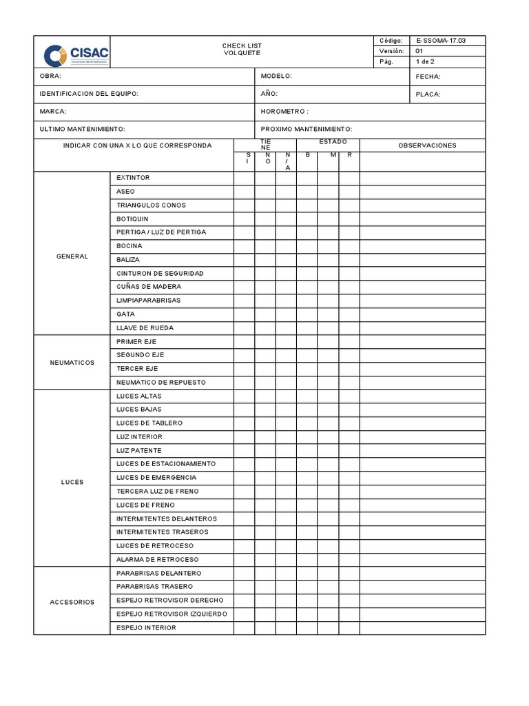 SSOMA-E-17.F03 Check List Volquete | PDF | Vehículos | Vehículos de ruedas