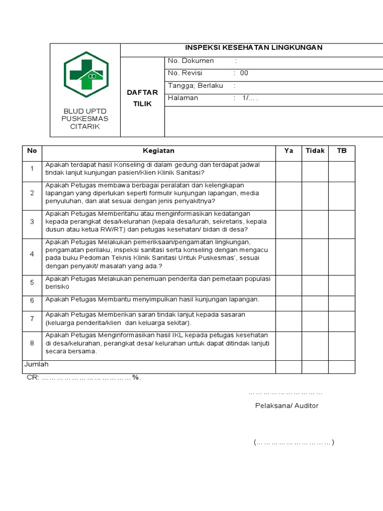 Daftar Tilik Inspeksi Kesehatan Lingkungan | PDF