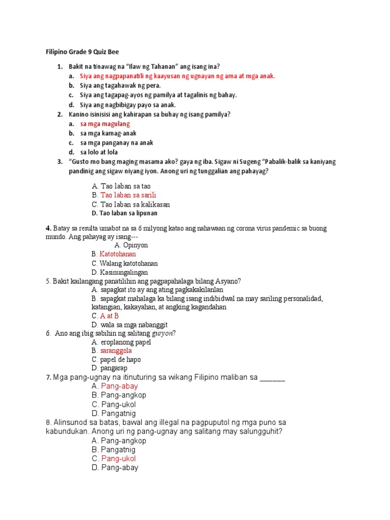 Quiz Bee Filipino 9 | PDF