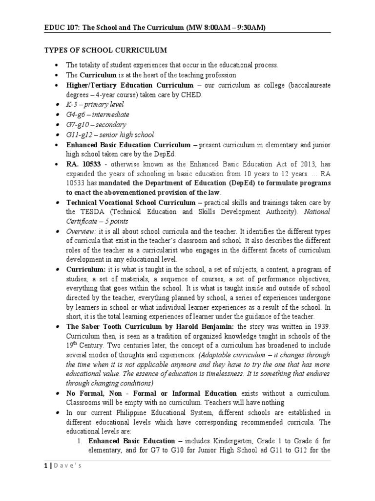 EDUC 107: The School and The Curriculum (MW 8:00AM - 9:30AM) Types of ...