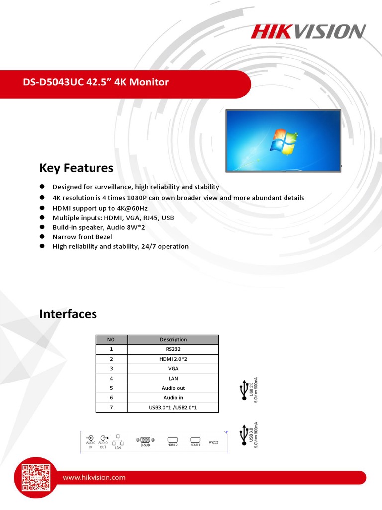 Key Features: DS-D5043UC 42.5" 4K Monitor | PDF | Computer Monitor | Hdmi