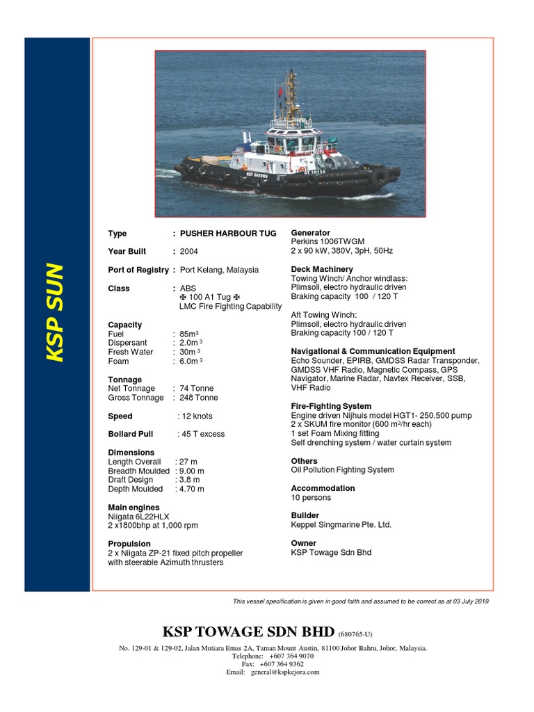 KSP Towage SDN BHD: This Vessel Specification Is Given in Good Faith ...