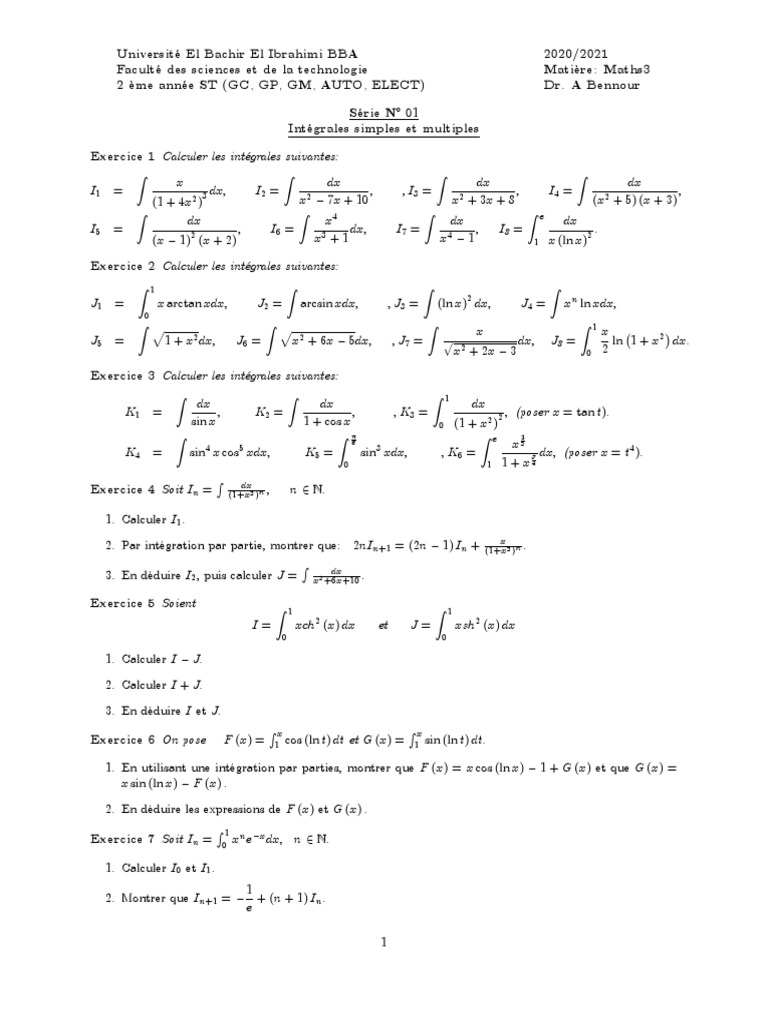 Série N 1 Intégrales Simples Et Multiples | PDF | Géométrie analytique