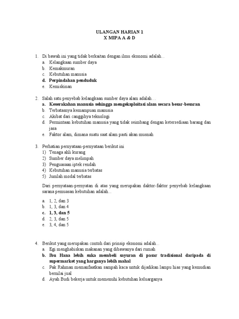 Soal & Pembahasan Ekonomi SMA Kelas 10 Bab Perilaku Ekonomi | PDF