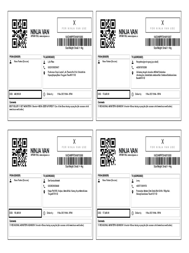 Ninja Van airway bills for plant deliveries | PDF