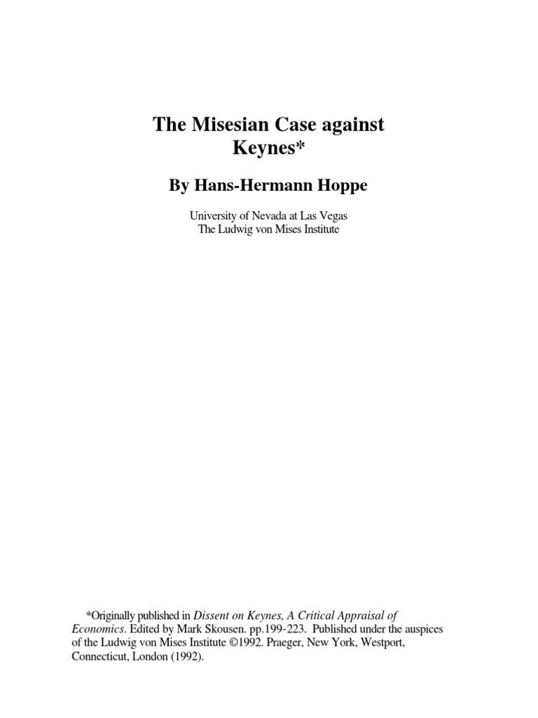 The Misesian Case Against Keynes : by Hans-Hermann Hoppe | PDF