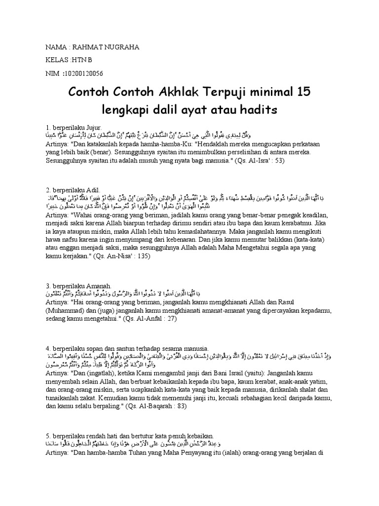 Contoh Contoh Akhlak Terpuji Minimal 15 Lengkapi Dalil Ayat Atau Hadits ...