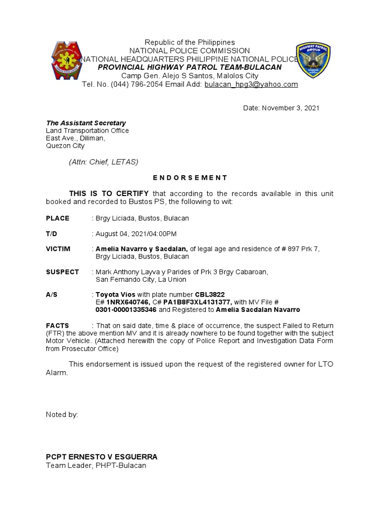 LTO Endorsement for Vehicle Alarms | PDF | Motor Vehicle | Vehicles