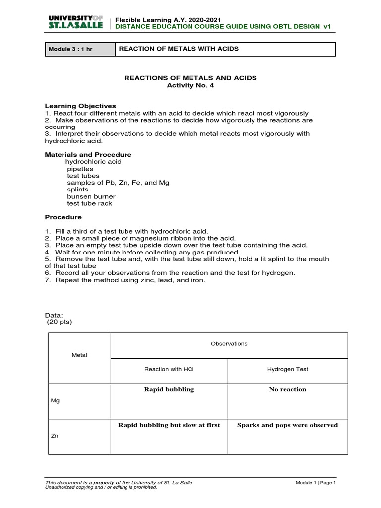 Reactions of Metals and Acids Activity No. 4: Distance Education Course ...