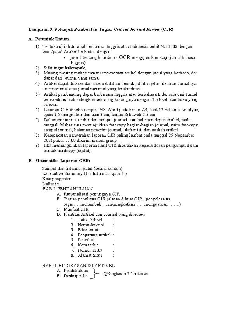 Lampiran 3. Petunjuk Pembuatan Tugas: Critical Journal Review (CJR) A. Petunjuk Umum | PDF ...