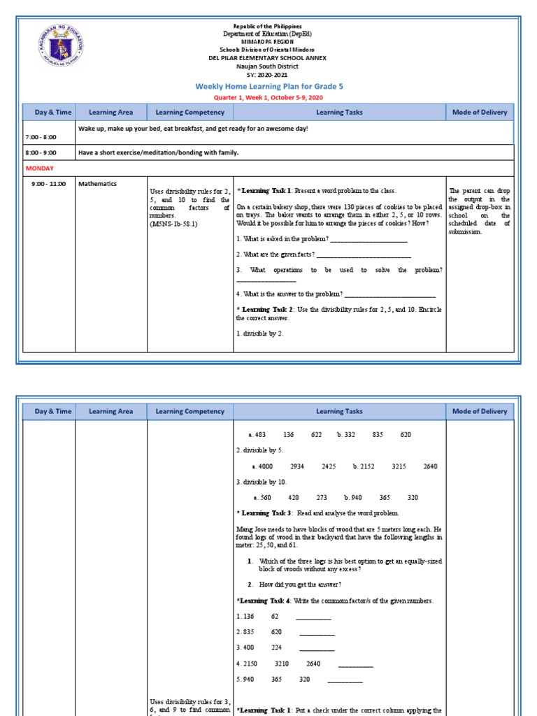 WHLP Grade 5 Q1 W1 All Subjects | PDF