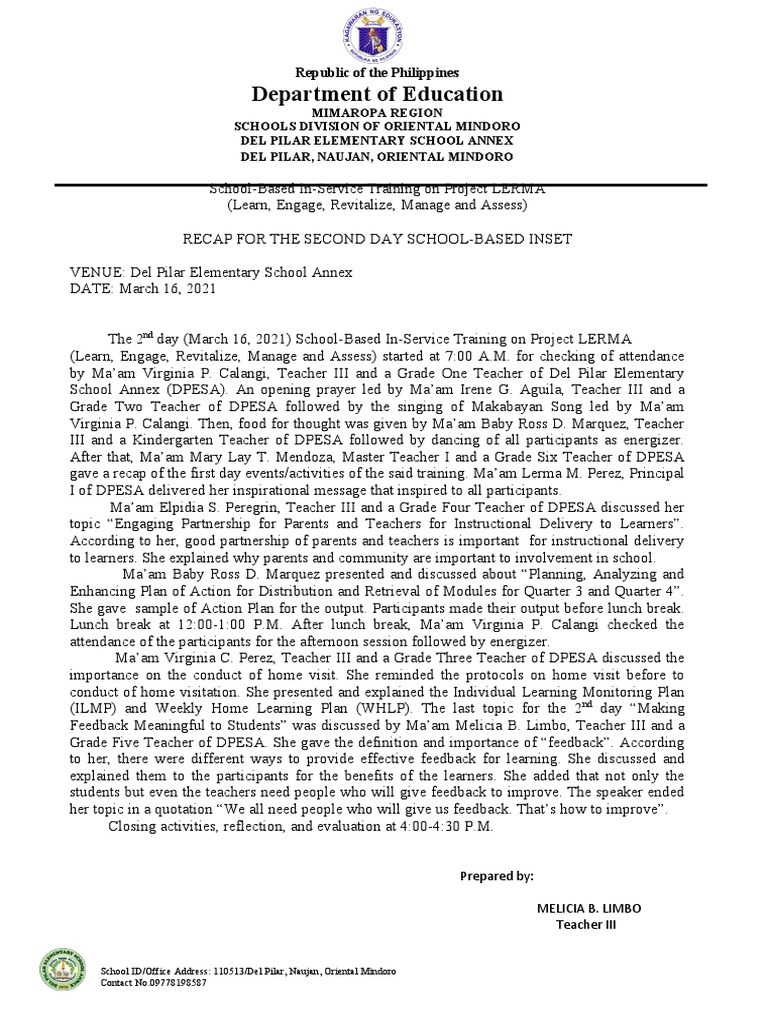 Recap For Inset 03-16-2021 | PDF | Educational Psychology | Applied ...