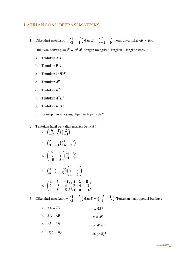KP 10 Latihan Soal Operasi Matriks - 1657134742 | PDF