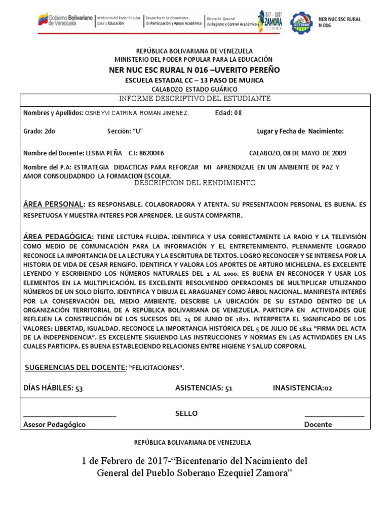 Informe Descriptivo 2do Grado Lapso 3LESBIA ultimaLL | PDF ...