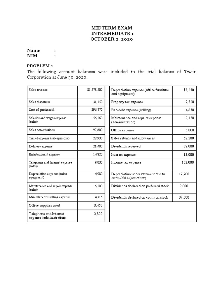 Template - MIDTERM EXAM INTERMEDIATE 1 | PDF | Expense | Stocks