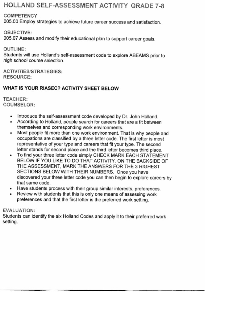 Holland Self-Assessment Activity 7-8 | PDF