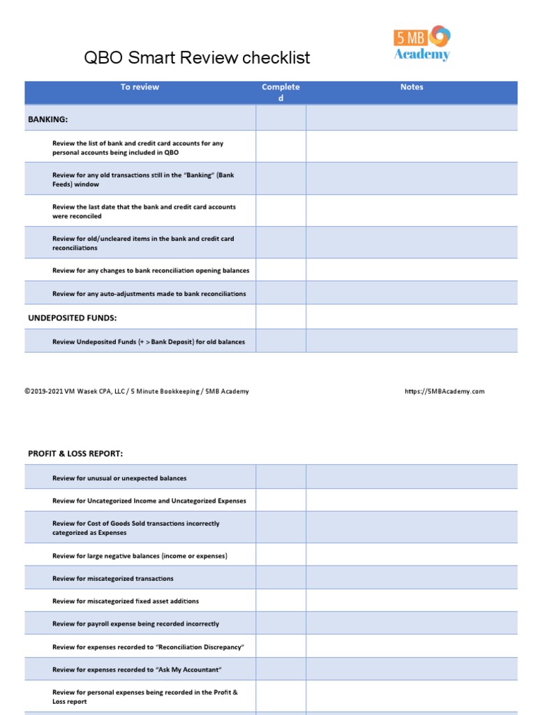 QBO Smart Review Checklist: To Review Complete D Notes | PDF | Expense ...