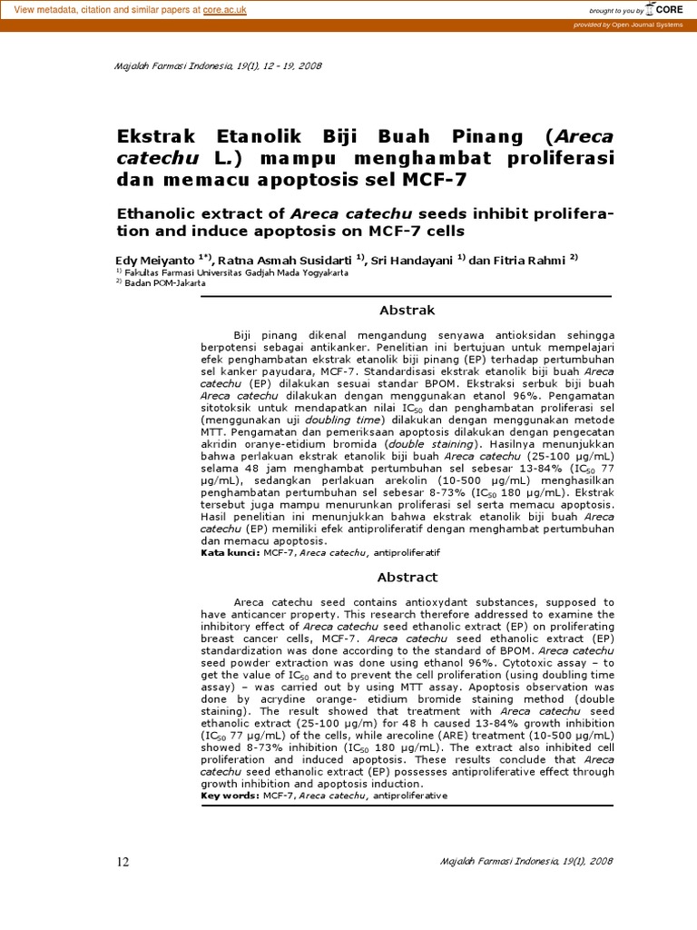 Ekstrak Etanolik Biji Buah Pinang (Areca L.) Mampu Menghambat Proliferasi Dan Memacu Apoptosis ...