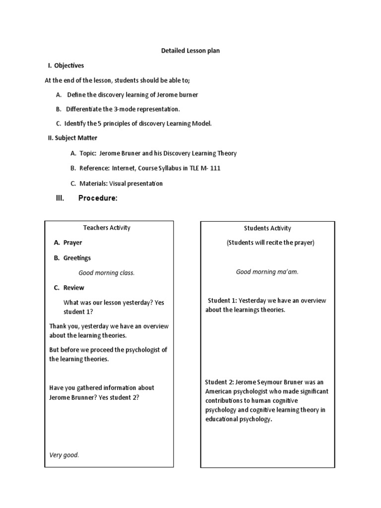 Group1 Jerome Bruner Detailed Lesson Plan Beed h1 Epp | PDF | Learning | Learning Theory (Education)