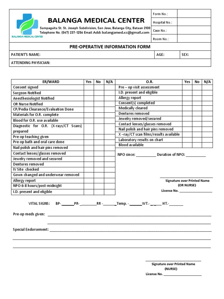 Pre-Operative Information Checklist | PDF | Health Care | Medicine