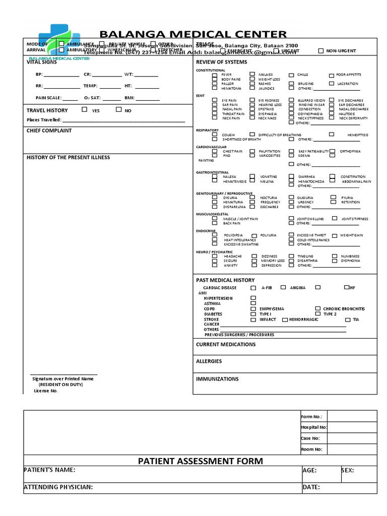 A Comprehensive Patient Assessment Form for Triage, Medical History ...