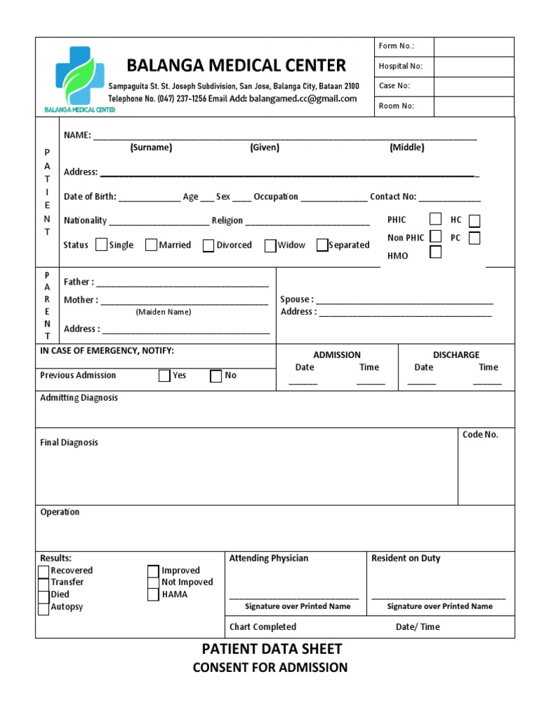 Patient Data Sheet: P A T I E N T | PDF | Patient | Hospital