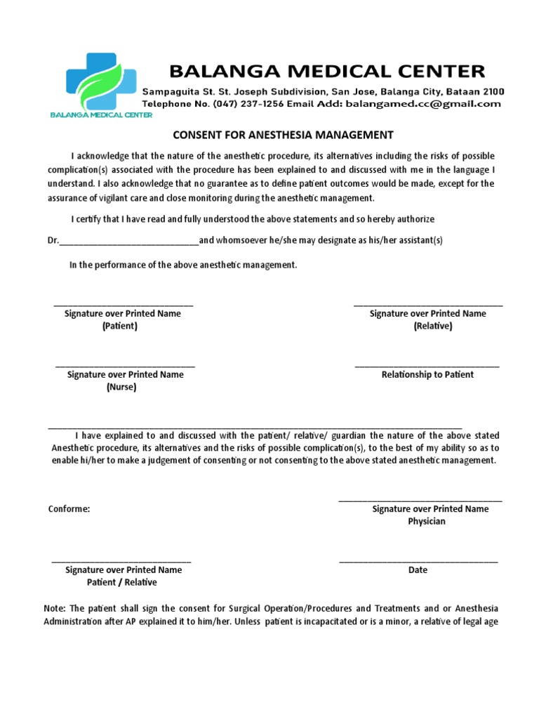 Consent For Anesthesia Management | PDF | Anesthesia | Patient