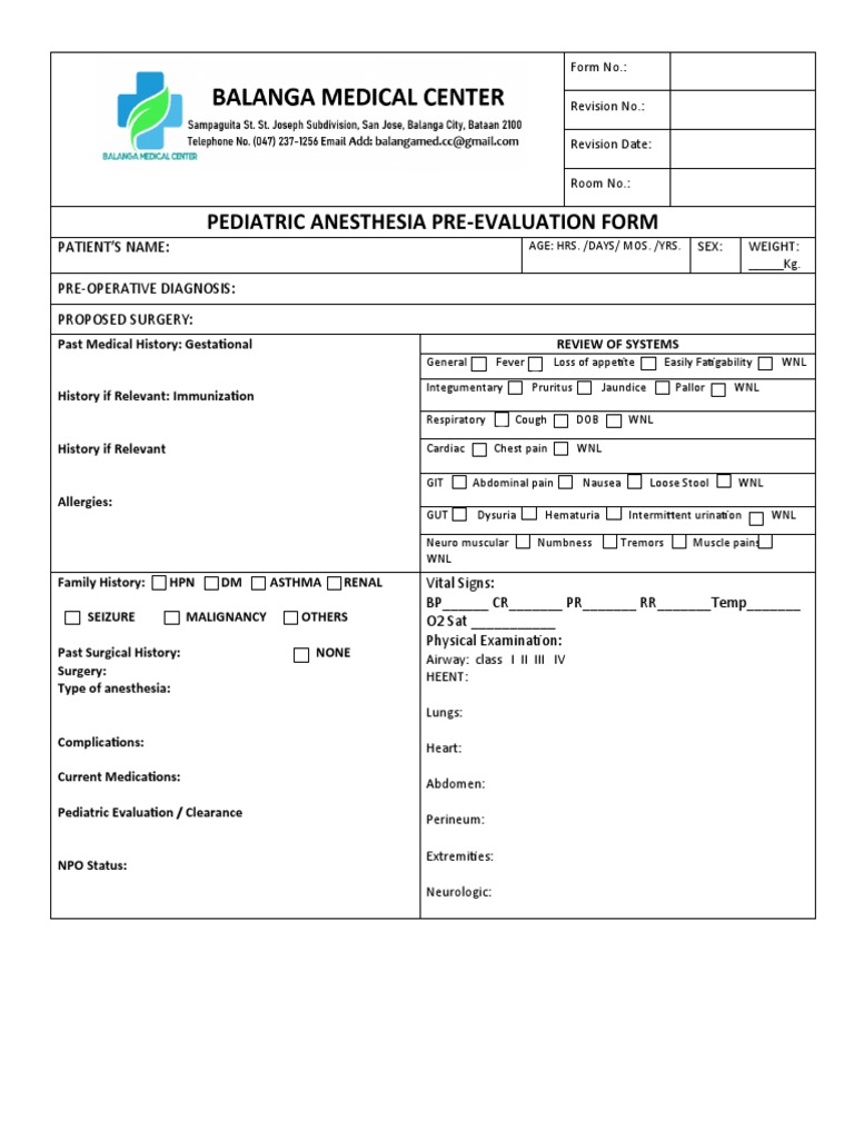 11 Pediatric Anesthesia Pre-Evaluation Form (New!!!) | PDF | Anesthesia ...