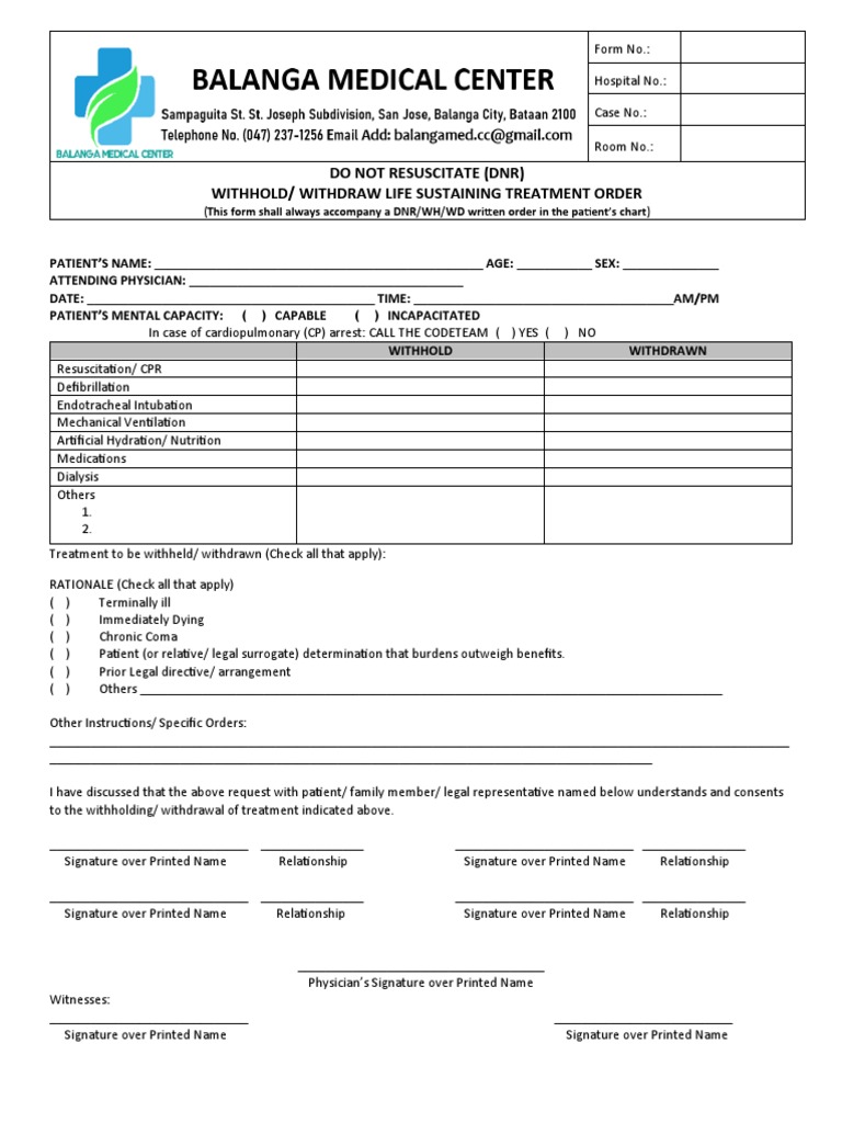 DNR and Life Sustaining Treatment Order Form | PDF | Medicine | Health ...