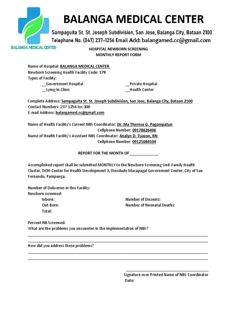 Hospital Newborn Screening Monthly Report Form | PDF