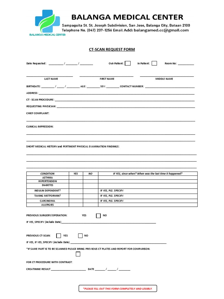 CT SCAN REQUEST FORM (1) (New) | PDF | Ct Scan | Patient